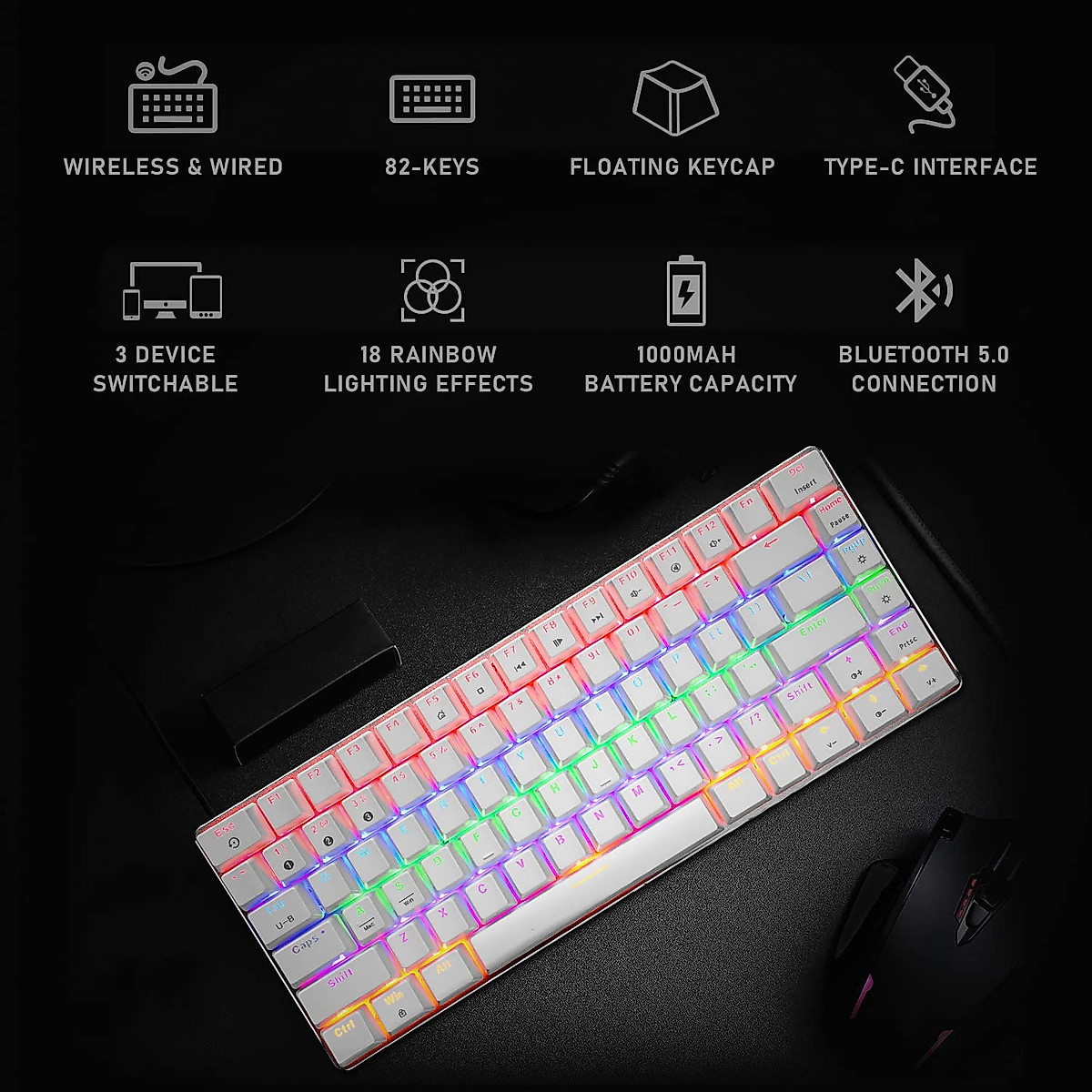LexonElec Wireless Mechanical Keyboard,Two Mode BT5.0/USB-C 82 Keys Bluetooth Mechanical Keyboard,Rainbow LED Backlit,Compact Gaming Keyboard for Windows Mac PC Gamer(White)