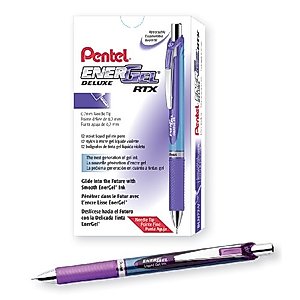 Pentel EnerGel Deluxe RTX Retractable Liquid Gel Pen, Medium Line, Needle Tip, Violet Ink, Box of 12 (BLN77-V)