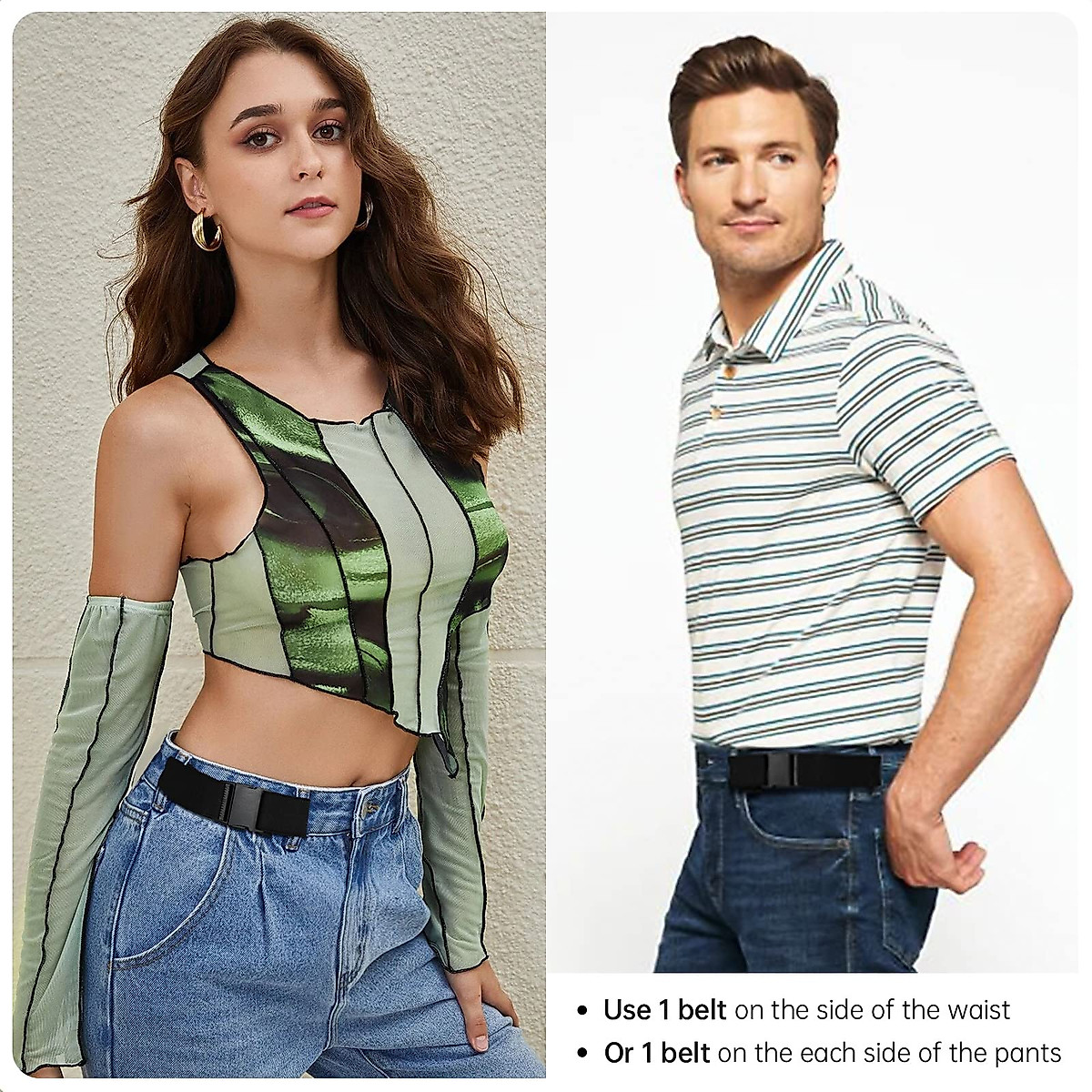 JASGOOD Women Black No Buckle Elastic Belts for Jeans-2 Pack Invisible Pants Adjuster with Flat Buckle Fit 1.5 inch Belt Loop(M, Suit 2 Loop Distance 3"-6")