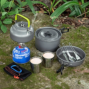 Odoland Camping Cookware Mess Kit, Lightweight Pot Pan Kettle with 2 Cups, Fork Spoon Kit Stainless Steel, gray for Backpacking, Outdoor Camping Hiking and Picnic