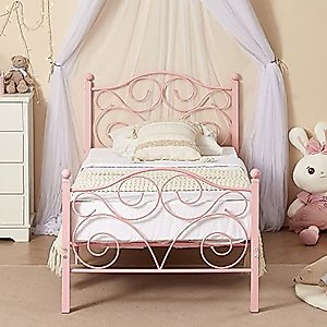 VECELO Twin Size Metal Bed Frame with Headboard and Footboard, Heavy Duty Steel Slat Support, Platform Mattress Foundation, No Box Spring Needed, Easy Assembly, Pink