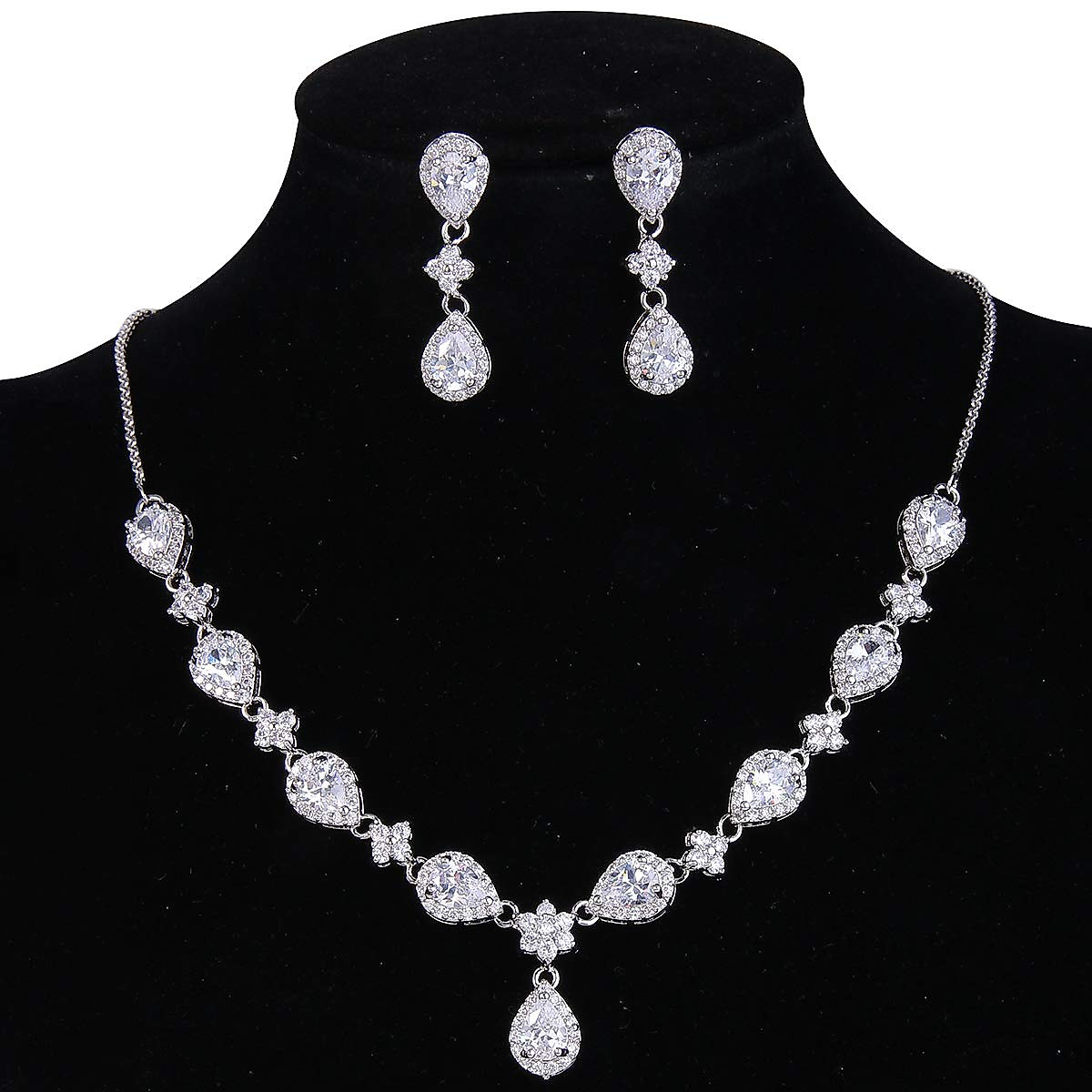 EleQueen Women's Silver-Tone Cubic Zirconia Teardrop Flower Bridal V-Necklace Sets Tennis Bracelet Dangle Earrings Clear