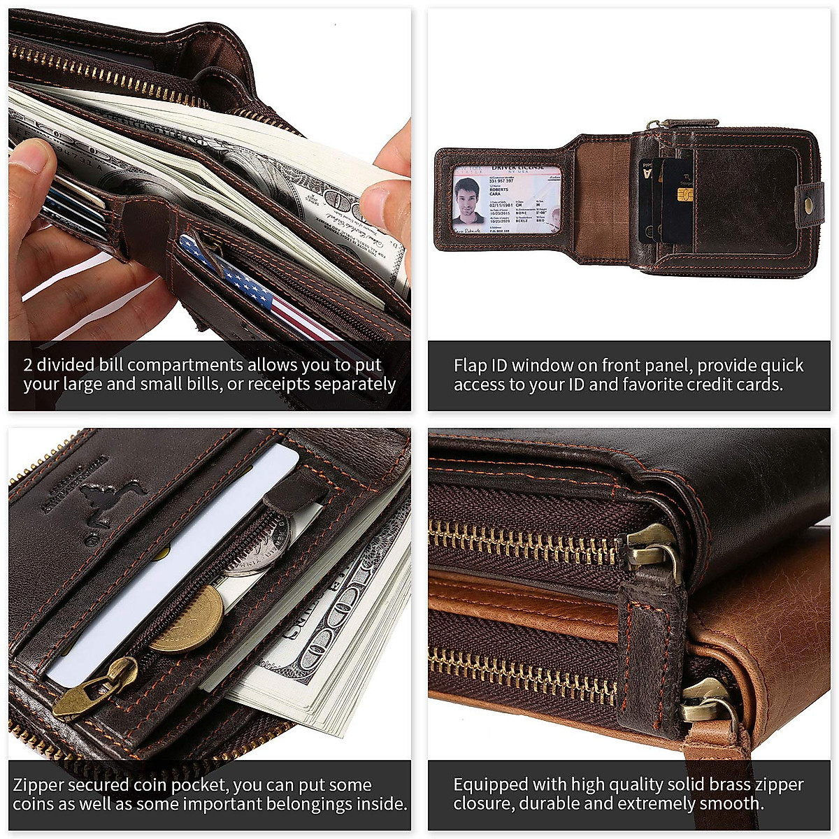 MING CLAN Zipper Wallet Men RFID Blocking Leather Flap ID Window Zip Coin Pocket Bifold Credit Card Wallets -Big Capacity For Travel