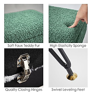 Leesingdo Vanity Stool Chair, Faux Teddy Fur Ottoman Foot Stool with Metal Legs & Adjustable Black Feet, Flip Top Storage Makeup Stool with Soft Padded Seat, Foot Rest for Makeup Room Bedroom, Green