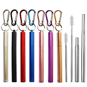 Hoshen Reusable Three-Section Foldable Metal Straw, Portable Telescopic Straw, Including Brush and Small Carabiner (Aluminum Alloy Shell), Black, 2 PCS