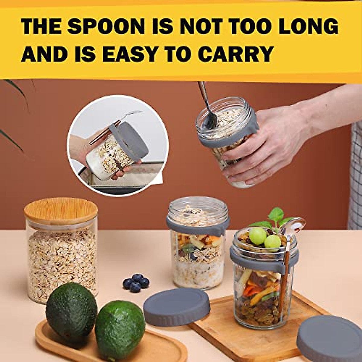 Bupto 4 Pack Overnight Oats Containers with Lids and Spoons, 16 oz Airtight Overnight Oats Jars with Measurement Marks Salad Jars for Cereal Milk Yogurt Vegetable Fruit On the Go Container (4 grey)