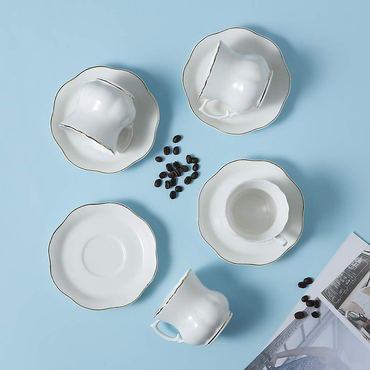 GuangYang Porcelain Tea Cups and Suacers,7ounces,Set of 4, White Cappucinuo coffee Cup with Saucer in Gift Box (Total 8 pieces)…