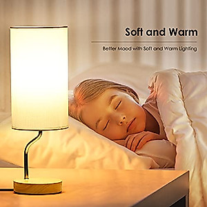 Upgraded Smart Bedside Table Lamp with Wireless Charger & USB Ports - Touch Control LED Desk Lamp for Bedroom, Dimmable Wooden Nightstand Lamp with Fabric Shade for Living Room, Kid's Room,or Office