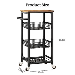 Fruit Basket for Kitchen Pantry Organizers - 4 Tier with Wheels, Wooden Top Table, Stackable Metal Wire Basket Stand for Fruit Vegetable Snacks Storage Organization, Black