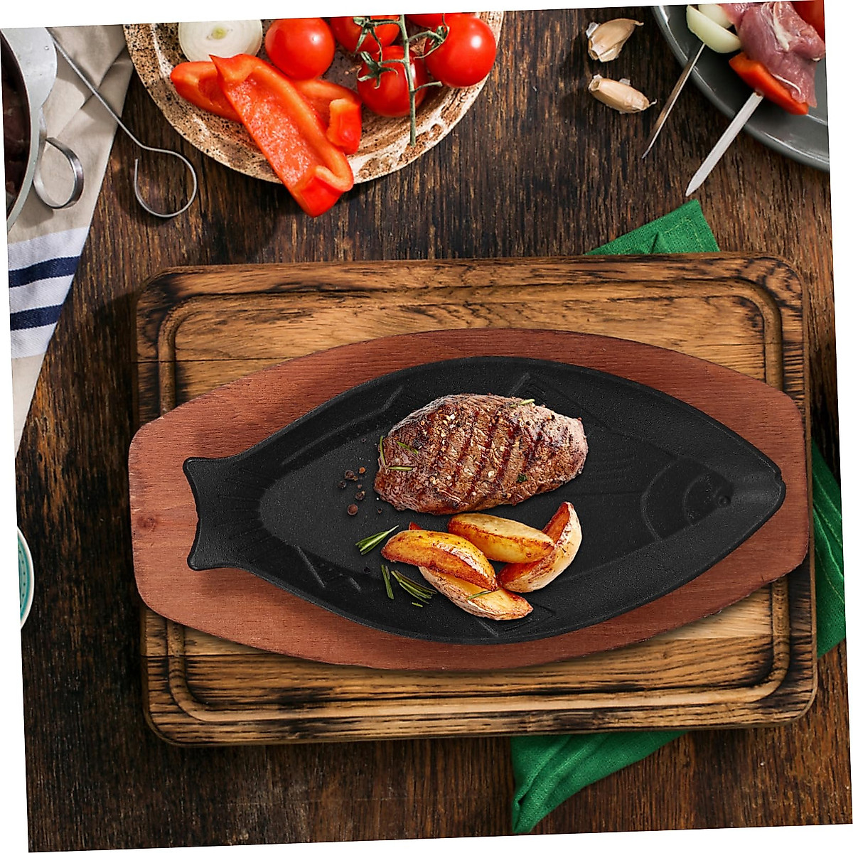 Operitacx Cast Iron Pan 1 Set Fish Shaped Frying Pan with Wood Base Cast Iron Grilling Griddle Plate Japanese Teppanyaki Steak Frying Pan Barbecue Pan For Home Kitchen Cast Iron Pizza Pan