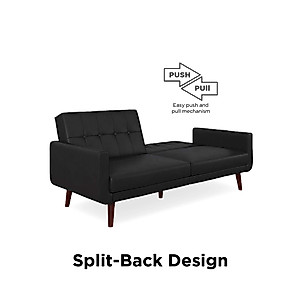 DHP Nia 79 Inch Futon Sofa Bed in Faux Leather, Upholstered Couch Sleeper with Button Tufted Back, Mid-Century Modern, Black