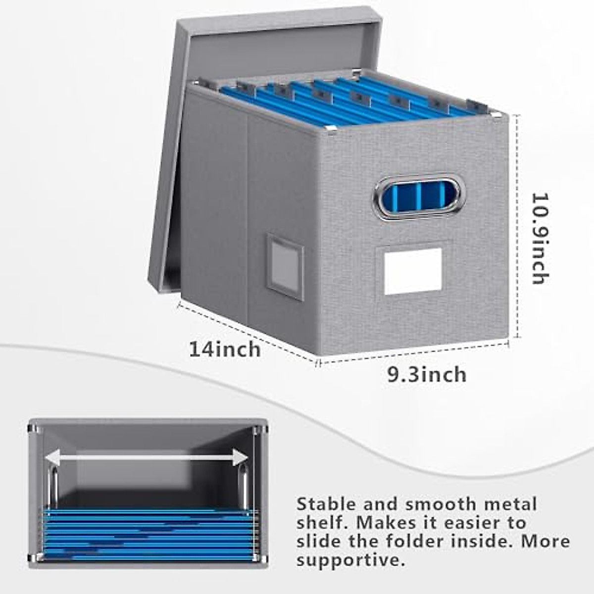 DYWMM Hanging File Box with Lid, Set of 2 Filing Organizer Storage Box, Linen Collapsible Decorative Office/Home File Cabinet (14x9.3x10.9 inch) (Light Gray)