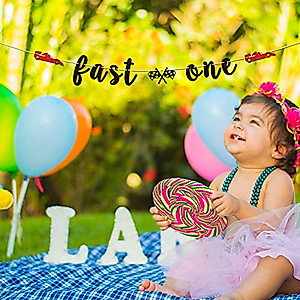 Aonbon Black Glitter Fast One Banner, Race Car Themed Banner, Baby Boy's 1st Birthday Decoration, Chequered Flag Themed Party Supplies
