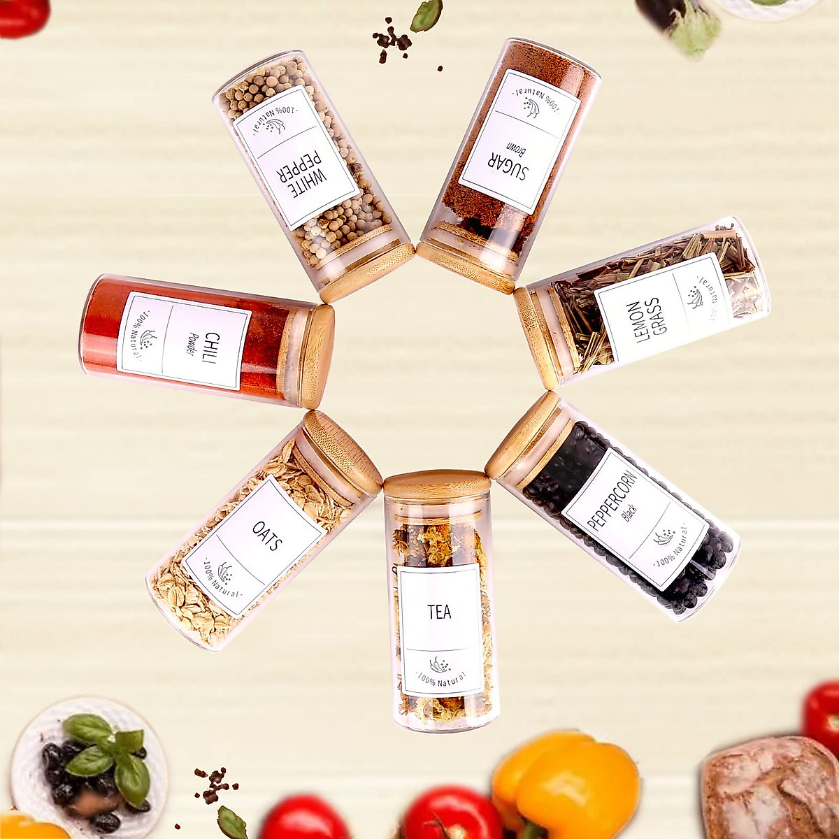 Churboro 24 Glass Spice Jars with Bamboo Airtight Lids, 400 Spice Labels, Funnel and Chalk Marker Set Spice Containers, 4 OZ Glass Storage Jars.