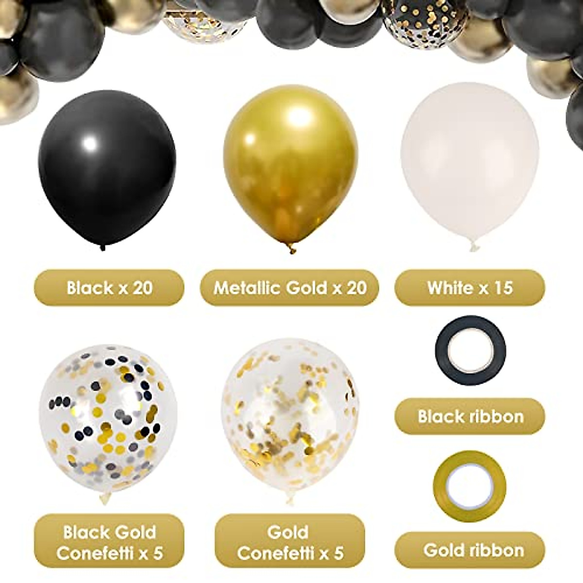 RUBFAC 65pcs 12 Inches Black Gold Confetti Balloons Kit, Metallic Gold and Black White Party Balloons with Ribbons for Birthday, Wedding, Baby Shower, Graduation Decorations