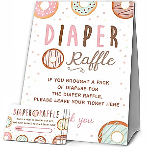 JCVUK Baby Shower Games, 1 Diaper Raffle Standing Sign with 50 Diaper Raffle Tickets,Donut Love Theme Babyshower Party Decorations and Supplies For Boys or Girls(LBLK-B11)