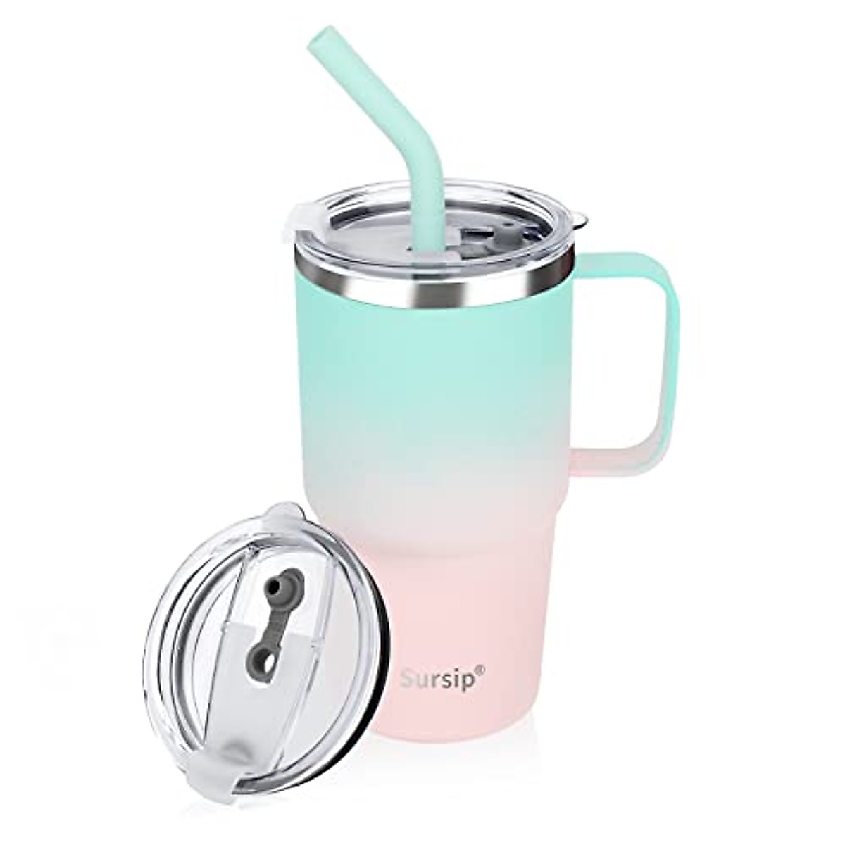 Sursip 24 oz Insulated Cup with Handle, Double Wall Vacuum Stainless Steel Tumbler with Straw and 2 Lids, For Cold/Hot Drinks, Coffee Travel Mug for Car/Home/Office/Party/Camping (Green＆Pink-1 Pack)