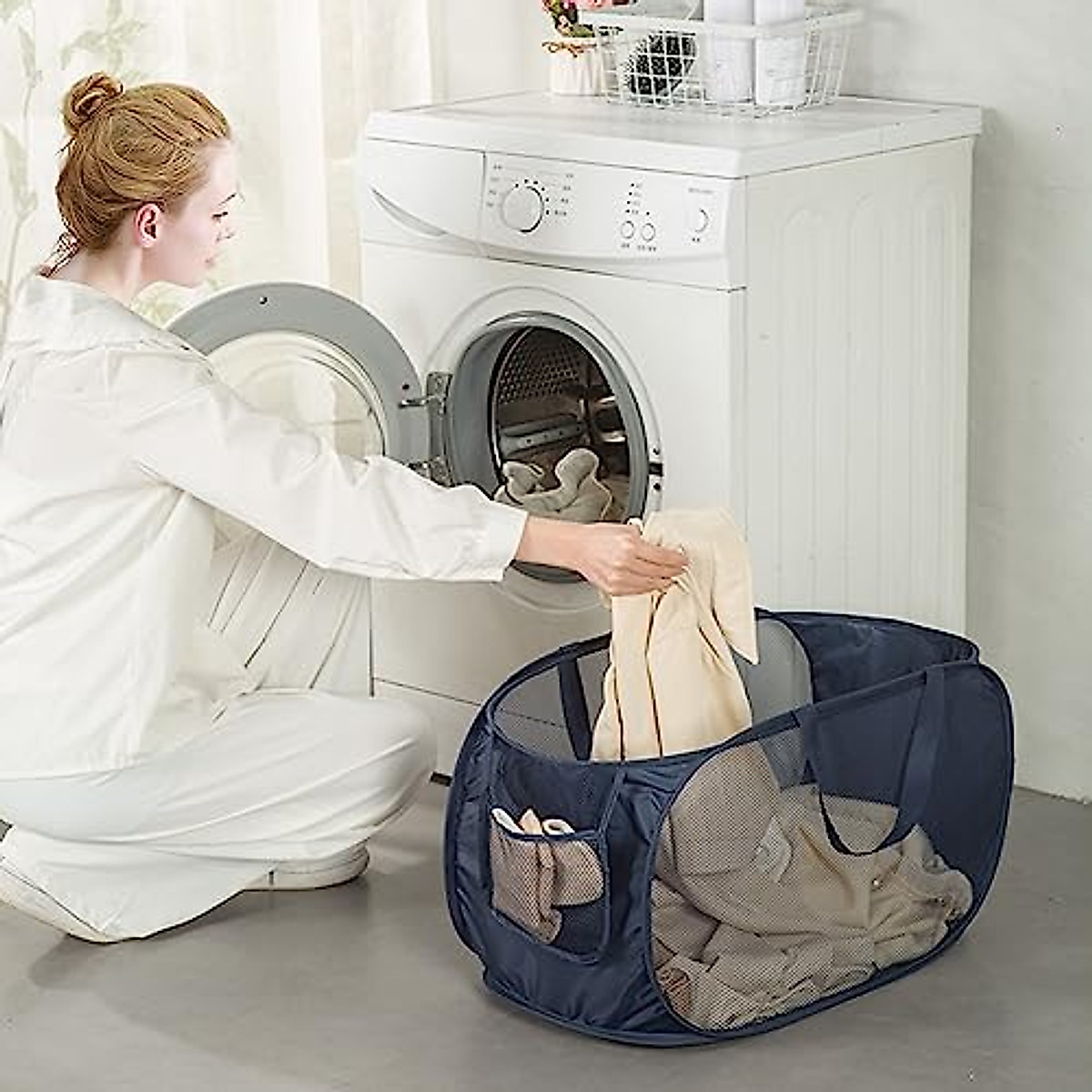 HONOMA Sturdy Mesh Laundry Hamper Basket Bag,Pop up Basket with Side Pocket for Laundry Room, Bathroom, Kids Room, College Dorm or Travel (Pop Horizontal, Emerald)