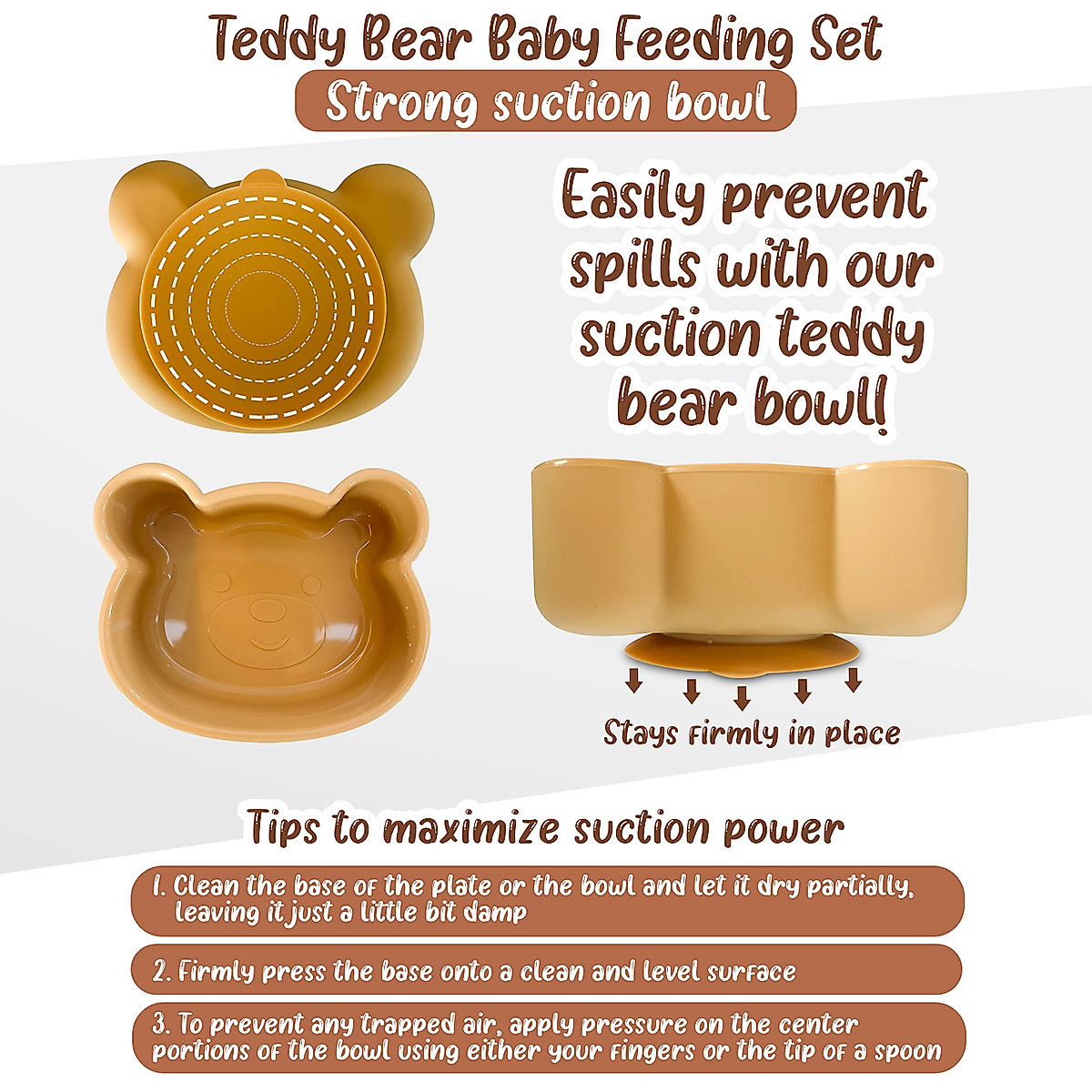 THE BABY BOUTIQUE Baby Led Weaning Supplies - 7 PCS Teddy Bear Silicone Baby Feeding Set : Suction bowl, Baby utensils, Plate, Bib, Snack cup and Drinking cup - Perfect Complement for Nutribullet Baby