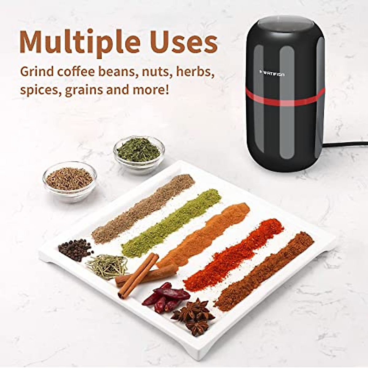 Watifisa Herb Grinder Electric Spice Grinder with Cleaning Brush, Herb Spice Coffee Grinder with Large Capacity - for Herbs, Fine Leaves, Peanuts, Pepper Beans, Mushrooms & Grains (Black)