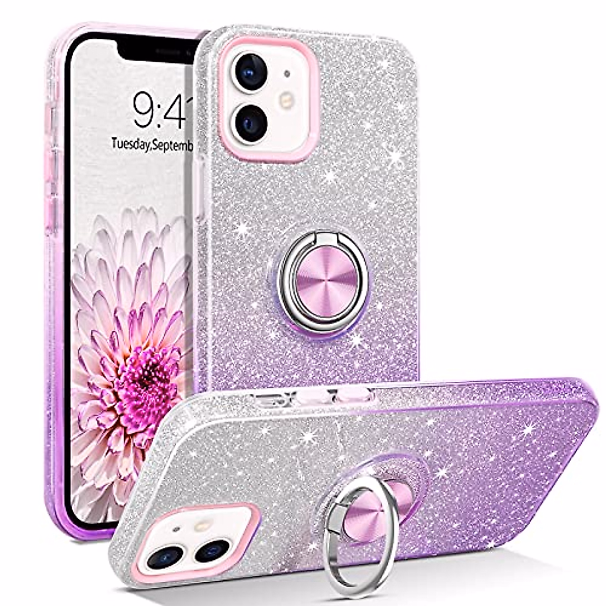 BENTOBEN iPhone 12 Case, iPhone 12 Pro Case, Slim Fit Glitter Sparkly with 360° Ring Holder Kickstand Magnetic Car Mount Supported Protective Girls Women Cover for iPhone 12/12 Pro 6.1“, Purple