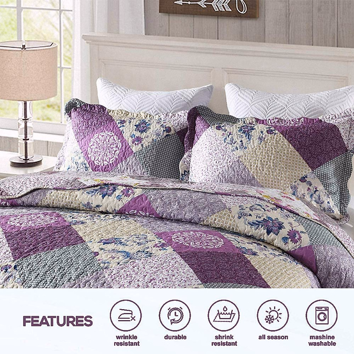 ENJOHOS King Size Quilt Set - 3 Pieces Purple Patchwork King Quilt with 2 Pillowcases, Lightweight Reversible Country Bedspread with Floral Design