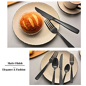 60-Piece Black Silverware Set for 12, HaWare Stainless Steel Flatware with Mellow and Full Square Handle, Cutlery Set for Home Kitchen, Include Fork Knife Spoon, Matte Finish, Dishwasher Safe