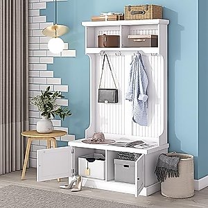 HomSof Hall Tree with Storage Shoe Bench for Entryway and Hallway,4-in-1 Design Coat Racks with 4 Hooks for Living Room,White