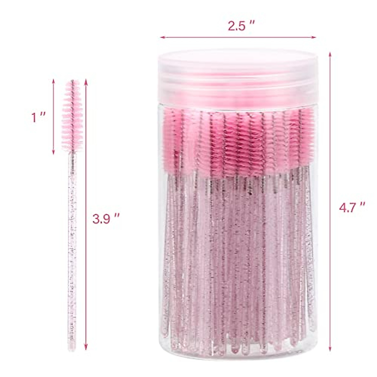 100 Pcs Disposable Mascara Wands, Crystal Eyebrow Spoolies Brush for Eyelash Extensions, Pink Lash Brushes with Container