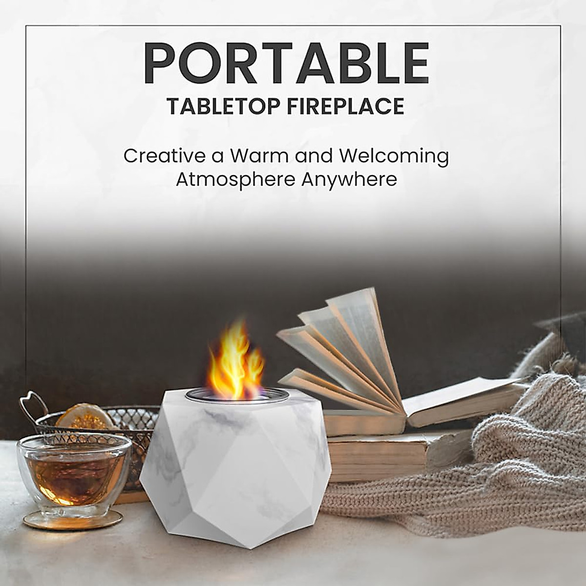 Levaly Tabletop Fire Pit for Indoor Outdoor - White Geometric Smokeless and Odorless Table Top Firepit Bowl - Mini Portable Firebowl - Cement Fireplace - Backyard Patio Balcony Smores,Ethanol Biofuel