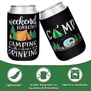 Happy Camper Party Can Sleeves Neoprene Soda Can Beverage for Camping Picnic Outdoor Activities Supplies Set of 6 for Camping Theme Birthday Party Decoration Supplies