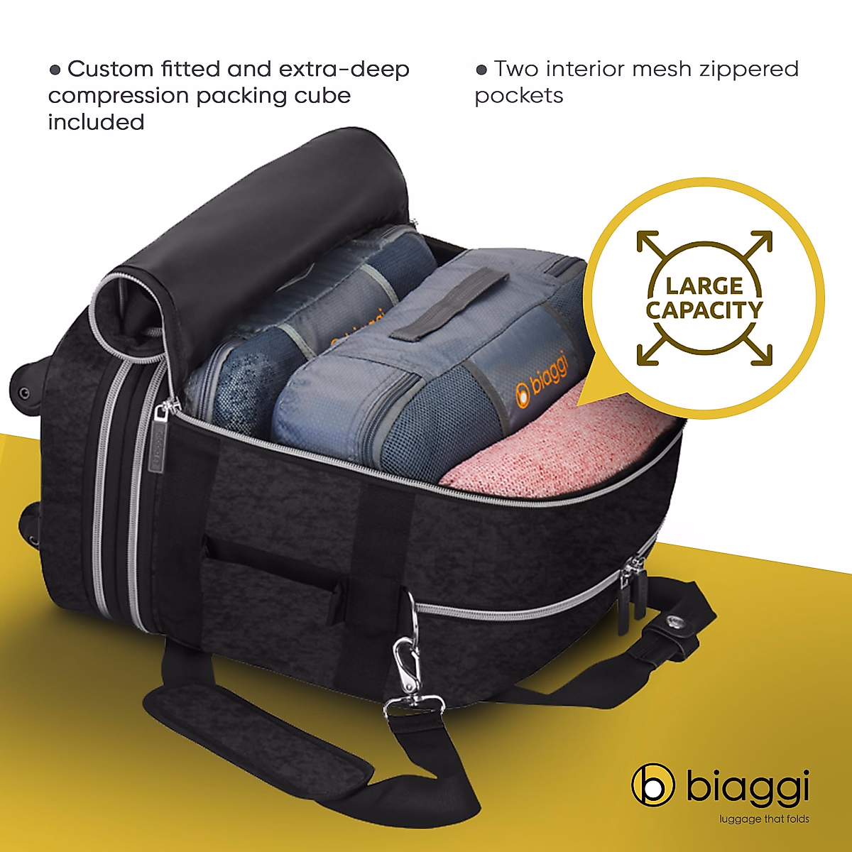 Biaggi Zipsak Boost! Foldable Underseat Carry-On Expands to Full Size Carry-On - Custom Sized Packing Cube Included (Black)
