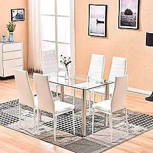 4HOMART Yvonne&F.L.A.M. 7PCS Dining Table and White Chairs Set Glass Dining Kitchen Table Set Modern Tempered Glass Top Table and White PU Leather Chairs
