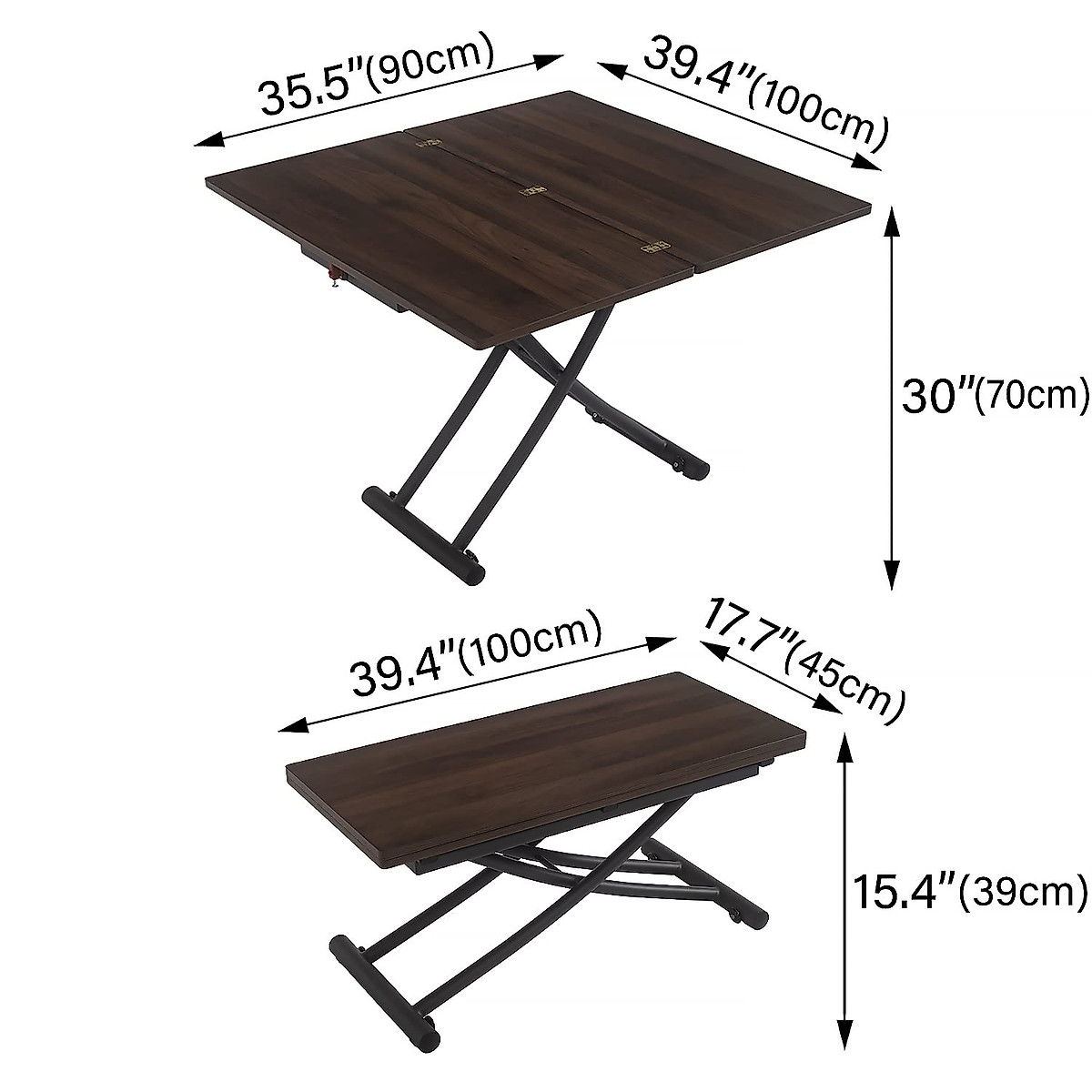 MYSELFLY Living Room Dinning Tables Folding Metal Lift Bracket Multifunction Transform Dinner Kitchen Coffee Tea End Table in Home Wood Desktop Design 40x35 Walnut