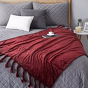 Homiest Fleece Throw Blanket with Fringe, Soft & Cozy Flannel Wine Red Throw Blanket, Lightweight Decorative Throw Blanket for Sofa Bed Chair All Season (Burgundy, 50 x 60 Inch)