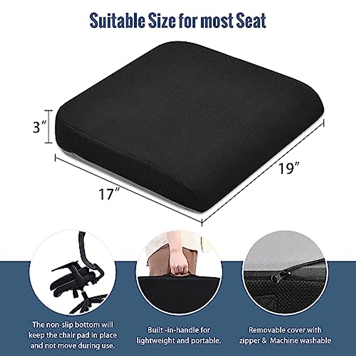 baibu Patented Spring Coil Seat Cushion Chair Pad 19 x 17x 3 Inch, Dual Layer Bamboo Charcoal Foam Chair Cushions with Carry Handle Non Slip Bottom, Machine Washable (Black (1PACK))