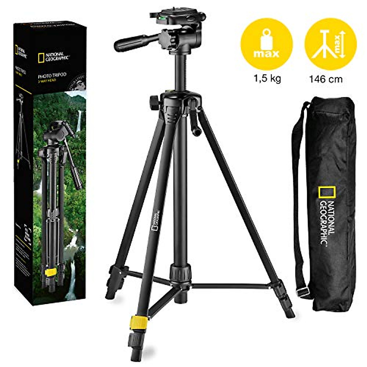 NATIONAL GEOGRAPHIC Photo Tripod Kit Medium, with Carrying Bag, 3-Way Head, Quick Release, 3-Section Legs Lever Locks, Geared Centre Column, Load up 1,5kg, Aluminium, for Canon, Nikon, Sony, NGHP000