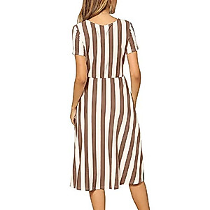 Womens Casual Short Sleeve Loose Swing Pockets Midi A Line Dress Coffee M