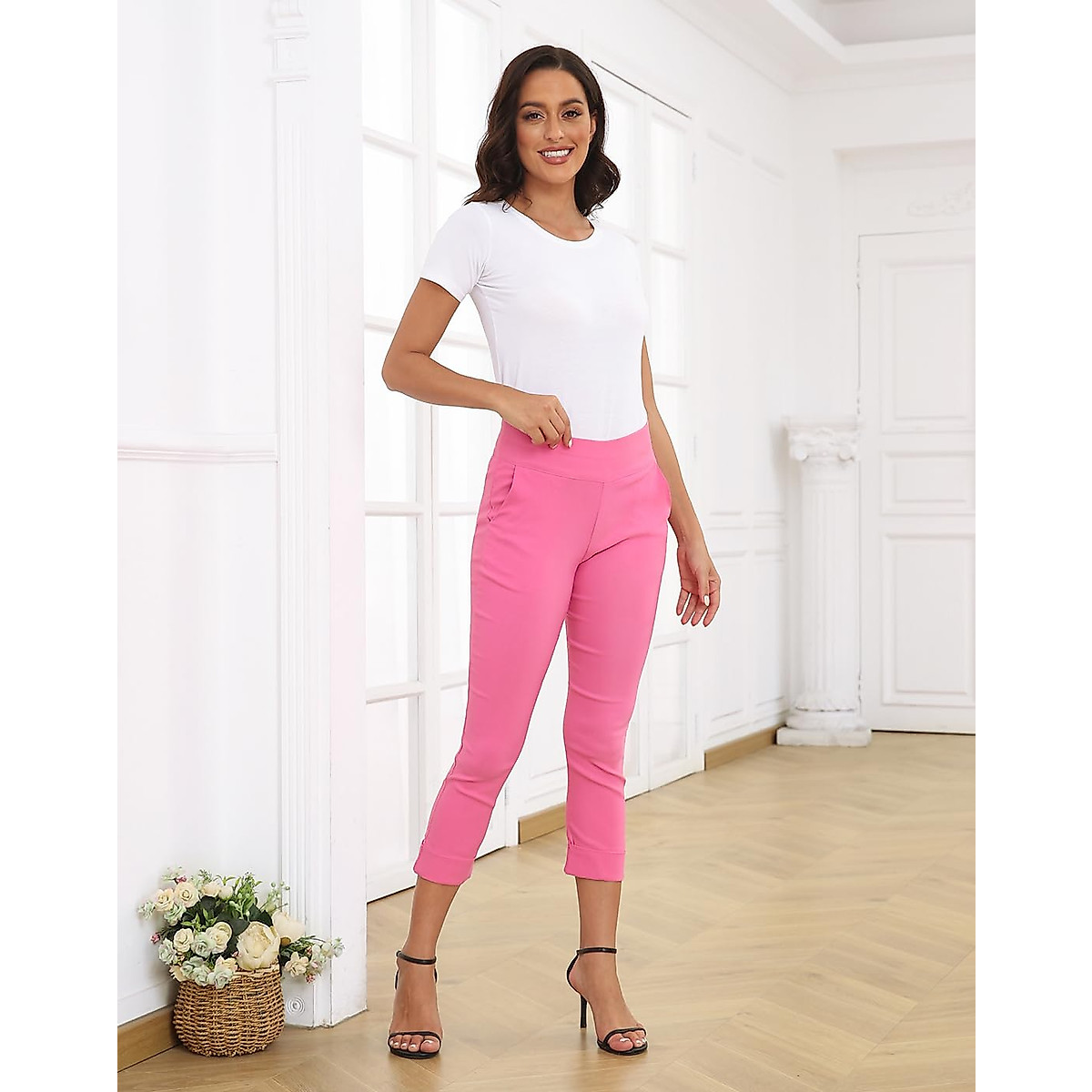 HDE Pull On Capri Pants for Women with Pockets Elastic Waist Cropped Pants Hot Pink - XXL