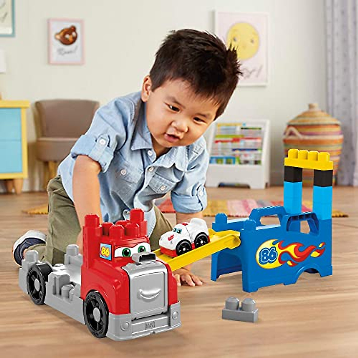 MEGA BLOKS First Builders Toddler Blocks Toy Set, Build & Race Rig with 16 Pieces, Sounds and Storage, Red, Ages 1+ Years