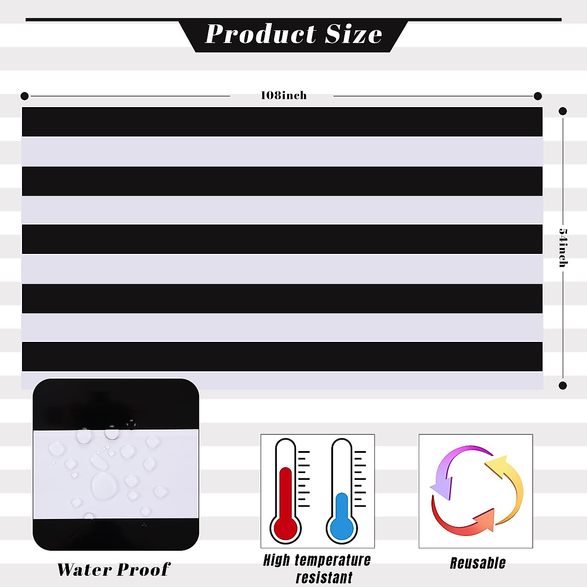 Kesfey 3 Packs Black and White Vertical Striped Tablecloth 54 x 108 Inch Geometric Black Stripe Table Cloths Disposable Plastic Stripe Table Covers Waterproof Picnic Tablecover for Camping Party