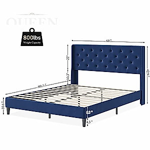 IDEALHOUSE Queen Size Bed Frame with Wingback, Upholstered Platform Bed with Diamond Tufted Headboard, Wooden Slats Support, Easy Assembly, Noise-Free, No Box Spring Needed, Dark Blue