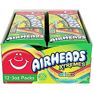 Airheads Xtremes Belts, Rainbow Berry Flavor, Sweetly Sour Candy, Non Melting, Bulk Movie Theater and Party Bag, 3 Ounce (Pack of 12)
