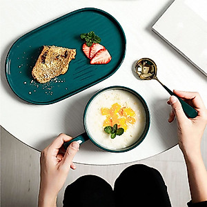 Ceramic Breakfast Bowls Set for Oatmeal, Bread, Soup Bowl and Sandwich Plate, French Onion Soup with Handle, Oven Safe (Color : Dark Green)