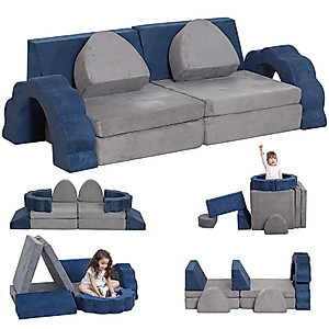 GudoInsole Flower Play Couch Sofa for Kids Sectional Sofa 10PCS Playroom Imaginative Furniture for Creative Kids Girls and Boys Bedroom (Blue)