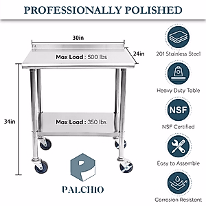 PALCHIO Stainless Steel Prep Table for Kitchen 30x24x34 - Food Prep Station with Backsplash, Shelf on Wheels for Commercial or Home Kitchen - Hotel, Restaurant Equipment with Cutting Board, Towel