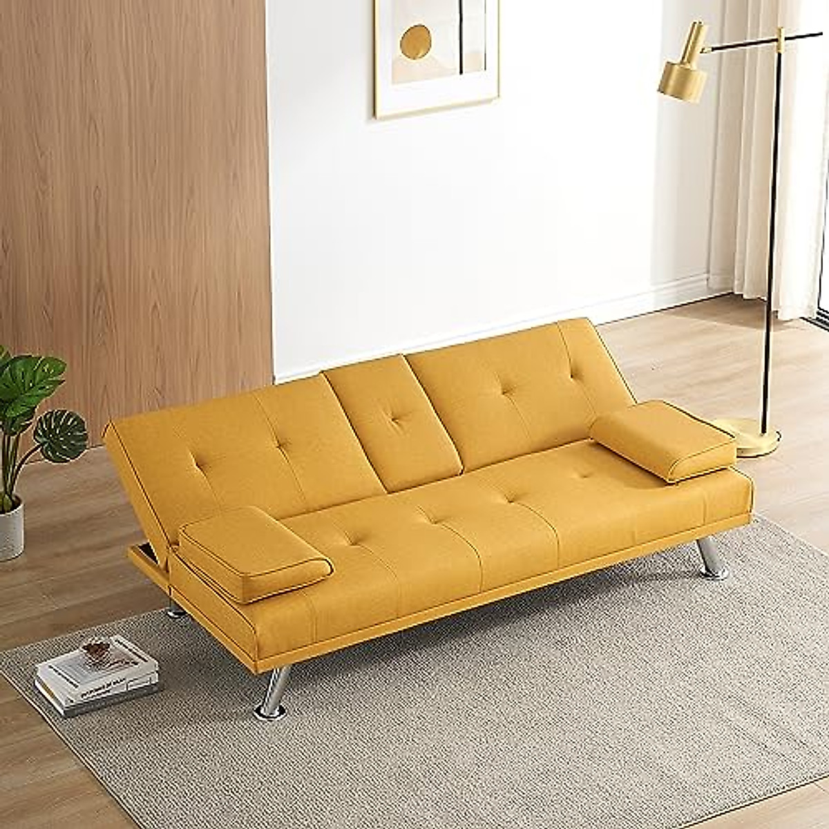 ME2 67" Sleeper Sofa Faux Leather Futon Sofa Bed w/Removable Armrests & Cupholders, Convertible Upholstered Folding Loveseat Folding Daybed Guest Sofa Bed for Living Room,Apartment,Dorm,Yellow