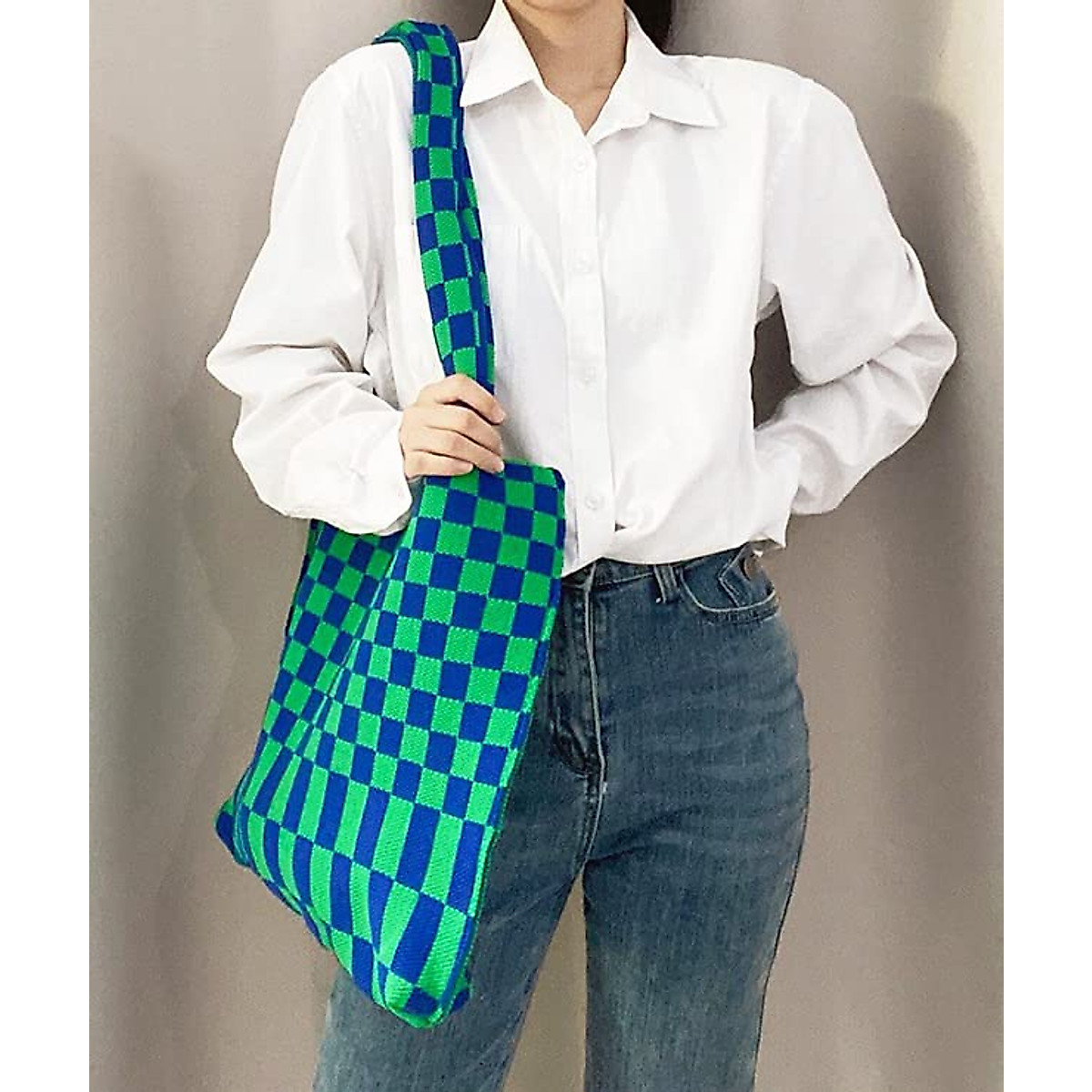 Knit Shoulder Bag for Women Extra Large Plaid Hobo Bag Chic Checkboard Satchel Tote Bag for Work School 2022, Black/Navy