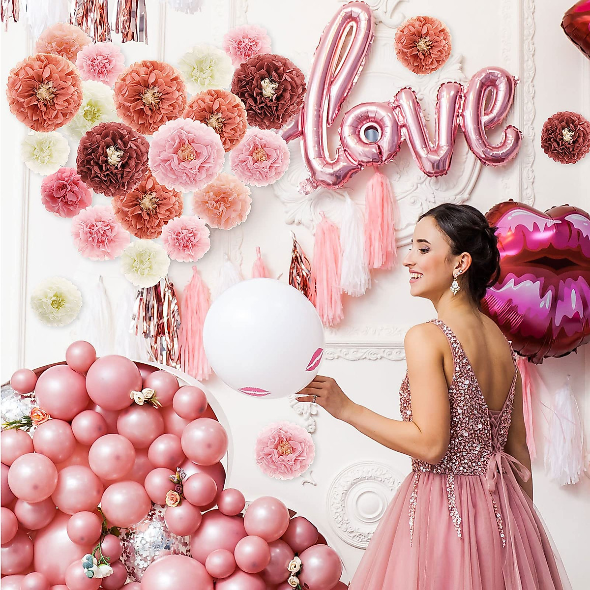 24 Pieces Dusty Rose Tissue Paper Flowers Large 14'' Paper Pom Poms Flowers Decor Paper Puff Flower Ball for Wedding Baby Shower Bachelorette Birthday Party Decoration, 14'' 12'' 10 '' 8'' 6'' 4''