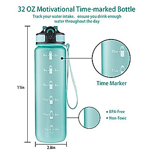 EYQ 32 oz Water Bottle with Time Marker, Carry Strap, Leak-Proof Tritan BPA-Free, Ensure You Drink Enough Water for Fitness, Gym, Camping, Outdoor Sports (Mint Green)